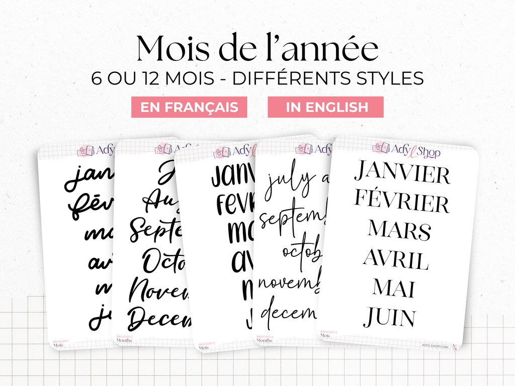 Planches stickers "Mois de l'année" - 6 ou 12 mois - Plusieurs polices ...